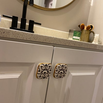 Square Ceramic Art Deco Detailed Knob, Black White & Gold Handpainted ...