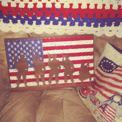 American Flag String Art With Soldier Silhouettes, American String Art ...