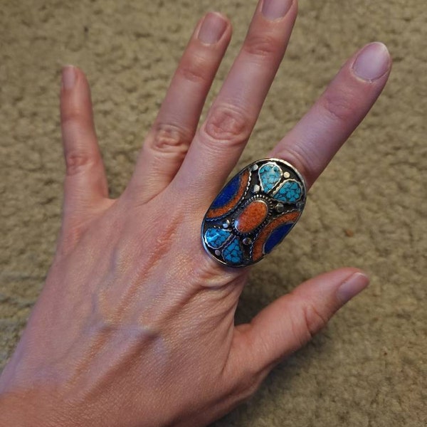 Large Adjustable Tibetan Silver Ring, Turquoise, Coral & Lapis Inlay Ring, Statement Ring ...