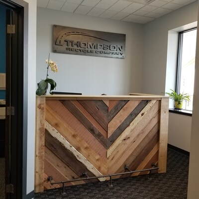 Vertical Oak Wood Slats Counter, Wood Retail Counter With One Shelf ...