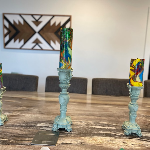 Marbled Pillar Candle Rainbow Swirl Hand-dip Dyed Colorful Tie-dye ...