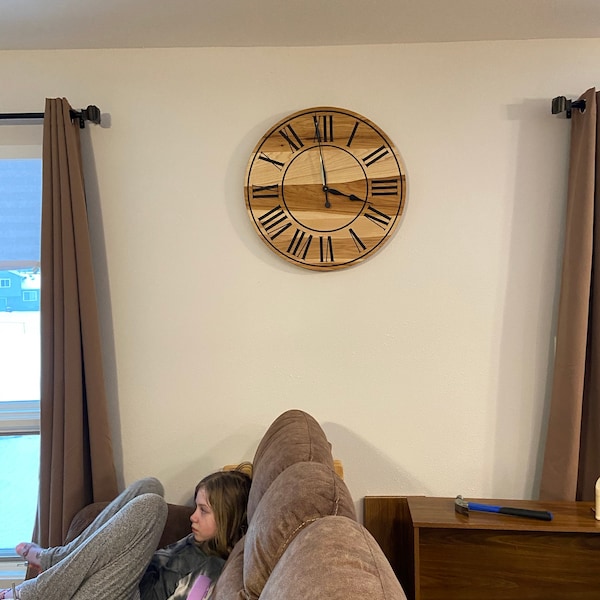 Hickory Wood Clock, Regular Numbers, Wooden Clock, Large Wall Clock ...