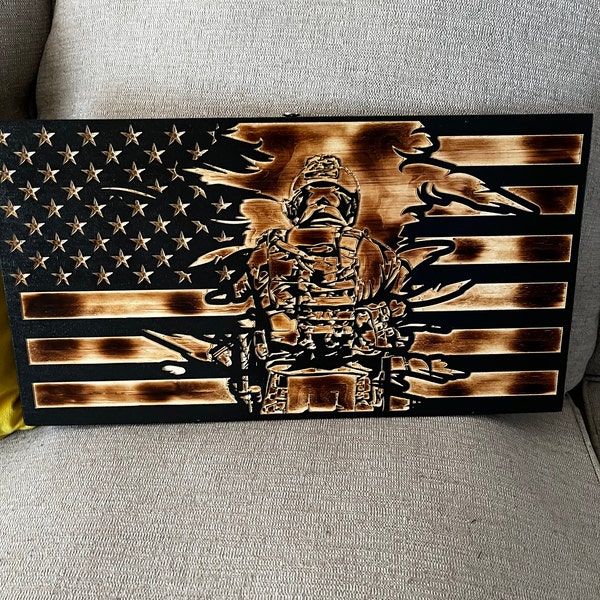 Engraved Tattered American Flag With Soldier: Rustic Military Wall Art ...