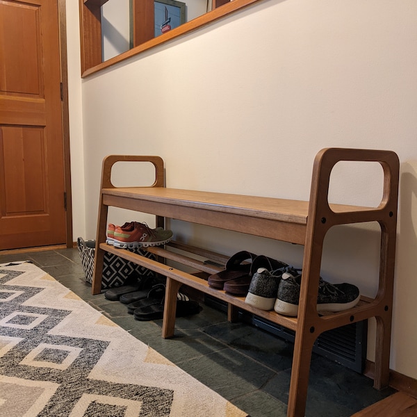 Mid Century Bench, Entryway Bench, Mid Century Shoe Storage, Wood Bench ...