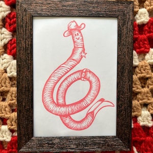COWBOY WORM PRINT, Worm, Cowboy, Worm Cowboy, Linocut, Block Print ...