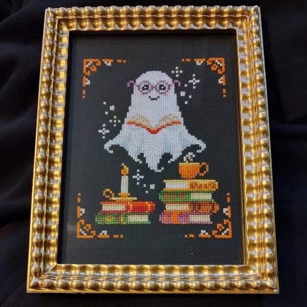 Cross Stitch Halloween Decor Ghost With Books Pattern DMC Chart ...