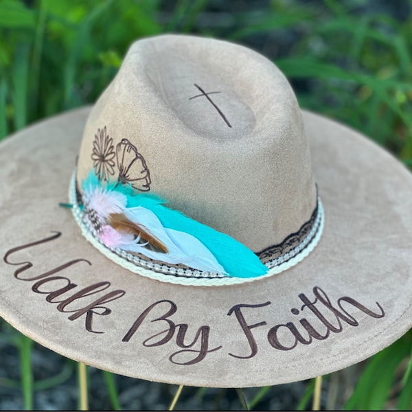 Walk by Faith - Custom Hand Burned Wide Brimmed Cowgirl Hat - Etsy