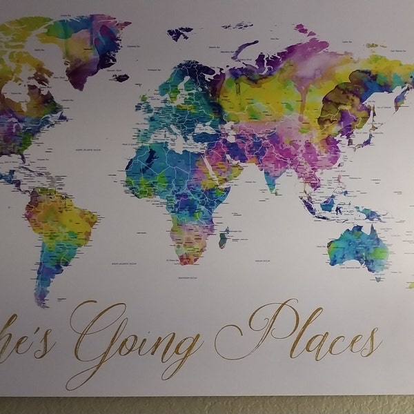 She's Going Places World Map With Lots of Detail. Personalized Push Pin ...