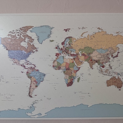 Push Pin World Map Detailed, Beige Travel Pin Board Canvas ...