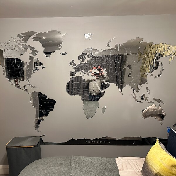 Silver Mirror World Map Wall Art, Map of the World - Etsy