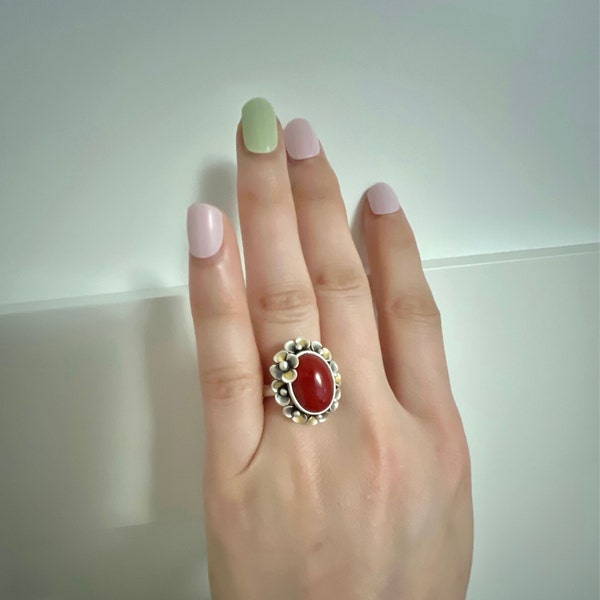 Peony Blossom Momo Coral Ring - 14K Yellow Gold, Natural Carved Momo ...