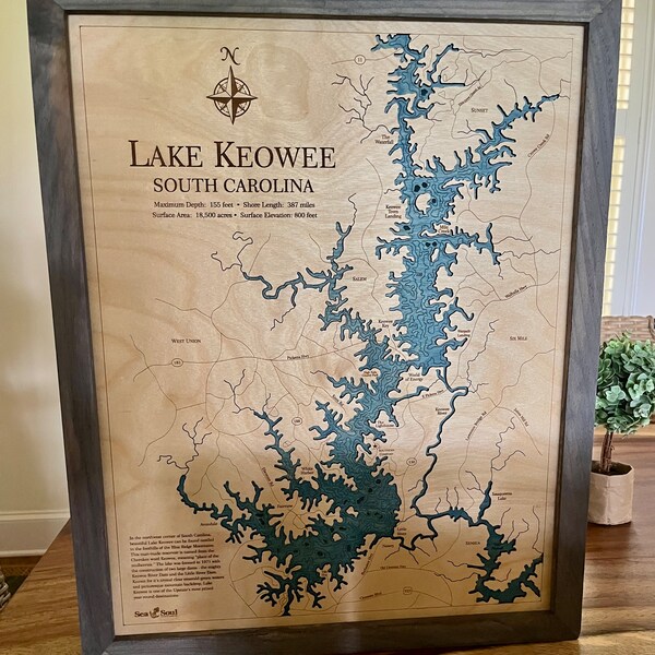 Lake Keowee 3D Wood Map Wall Art, Topographic Water Depth Map, Nautical ...