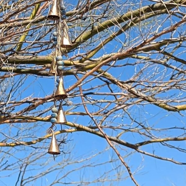 Bells on String With BLUE Ceramic Beads, Rustic Windchime, Vintage Cow ...