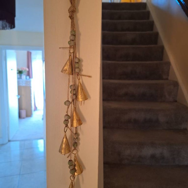 Bells on String, Rustic Windchime, Ceramic Beaded Hanger, Vintage Cow ...