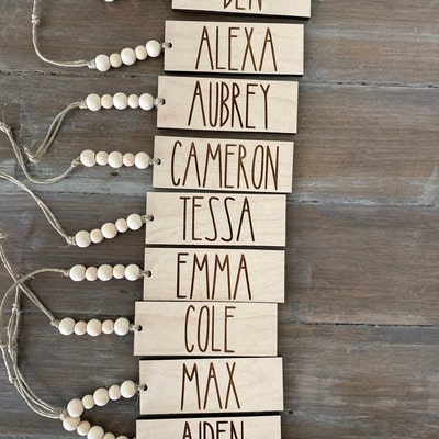 Wooden Name Tag With Beads // Engraved Name Tag // Christmas Stocking ...