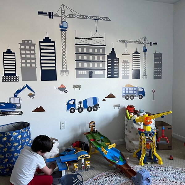 City Skyline Wall Stickers With Construction Truck Decals Excavator ...