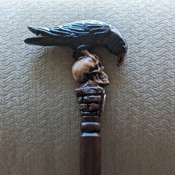 Black Crow & Skull Cane: Hand Carved Goth Wooden Walking Stick - Etsy