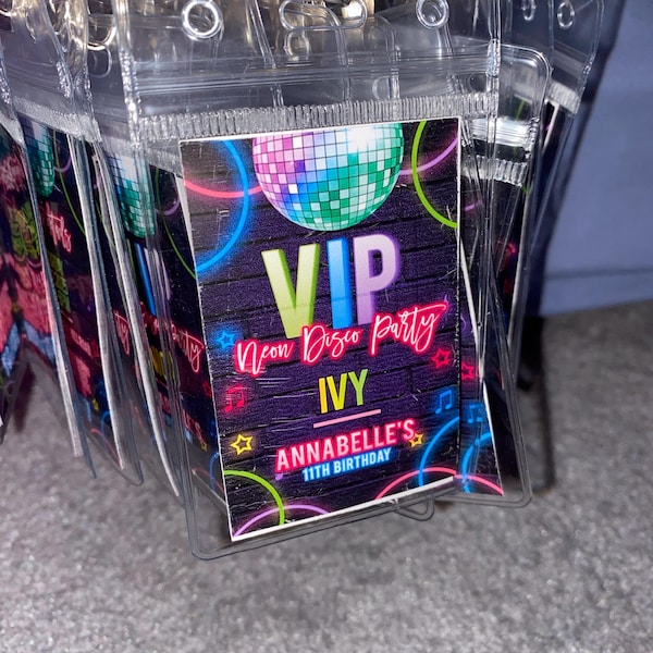 Disco Party VIP Backstage Pass Template, Editable Rainbow Glow Neon VIP ...