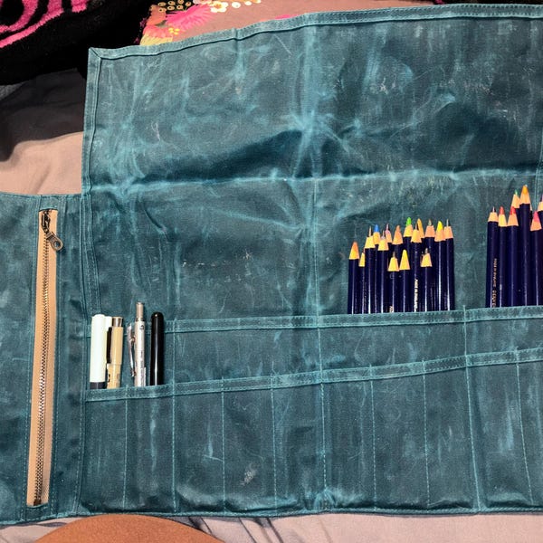 Large Waxed Canvas Journal Pouch, Roll up Pencil Case Pen Holder, Art ...