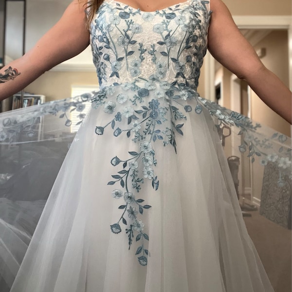 Custom Blue Lace Wedding Dress, Romantic A-line Tulle Gown Double ...