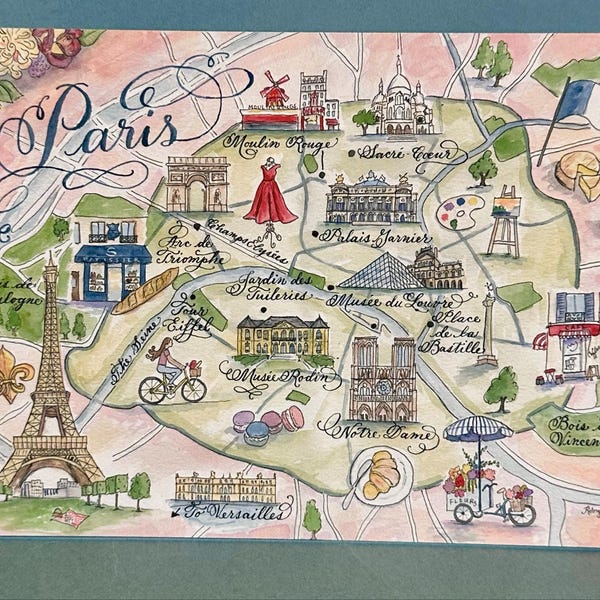 Paris France Map, Hand-painted Watercolor, Luxury Print in 5 X 7, 8 X ...