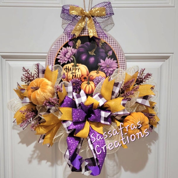 Round Fall Wreath Sign, Fall Wreath Sign, Purple and Orange Pumpkins ...