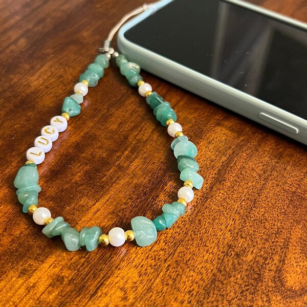 Pesonalised Aventurine and Pearl Phone Chain Strap, Green Crystal Chip ...