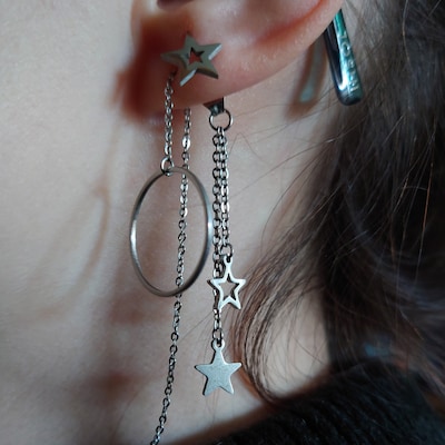 Double Piercing Chain Earring, Two Holes Earring, Star Earring ...