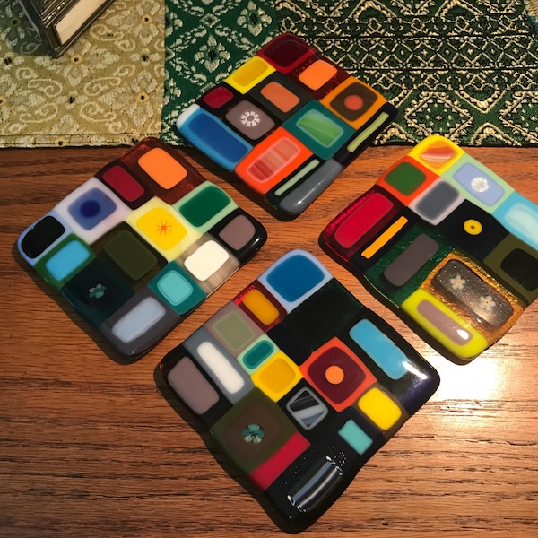 Funky Geometric Super Colorful Fused Glass Coasters - Etsy Canada