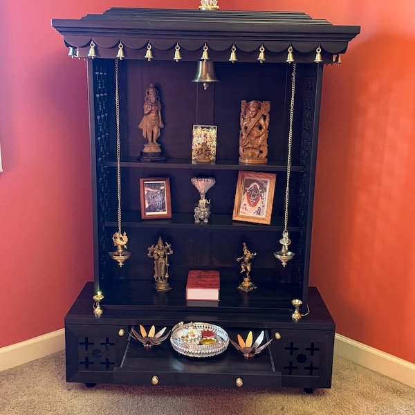 AMOD - Big Puja Temple Mandir With Door, Tray & Storage With Pure Brass ...