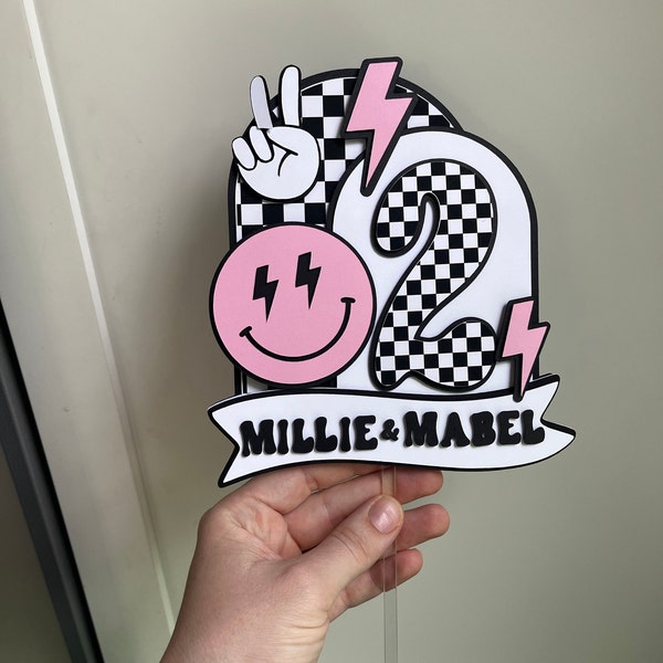 Pink Smiley Face Banner, Happy Girl Banner, Checkered Banner, Retro ...