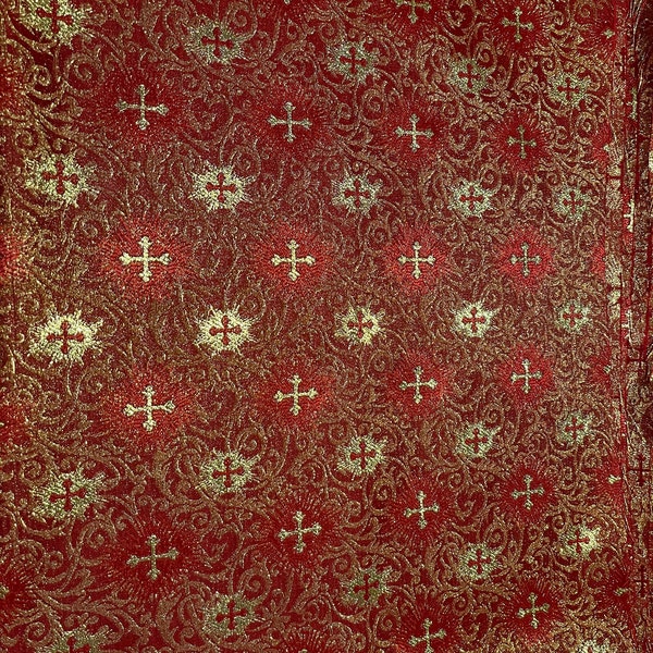 Small Crosses Liturgical Brocade Fabric Metallic Red and Gold Scroll ...