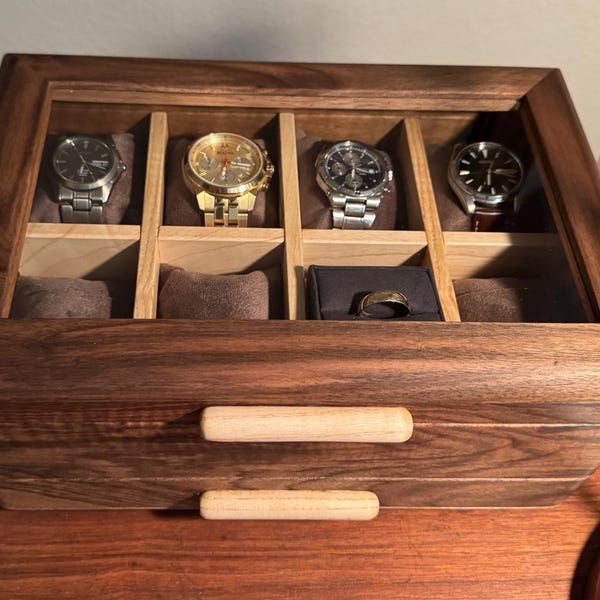 Walnut Watch Box With Drawer, Personalized Watch Case (for 6, 8 or 10 ...