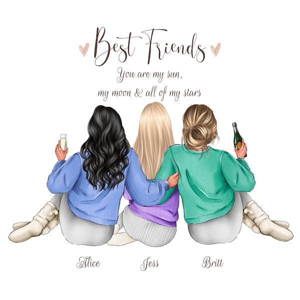 Best Friends Personalized Print, Custom 3 Friend Prints, Three Best ...