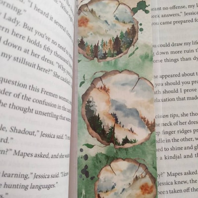 Forest Landscape Bookmark, Wood Slice Pine Trees Nature Bookmark, Green ...