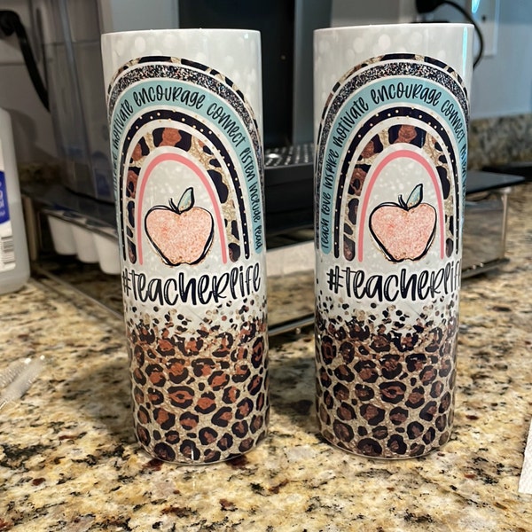 20 Oz Skinny Tumbler Rainbow Leopard Glitter Teacher Tumbler Pencil ...