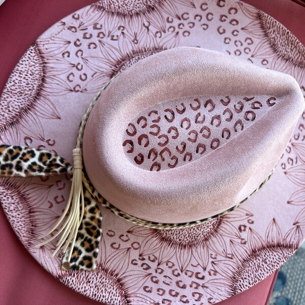 Pink Leoard Sunflower Cowboy Cowboy Hat With Wood Light Pink Flowers on ...