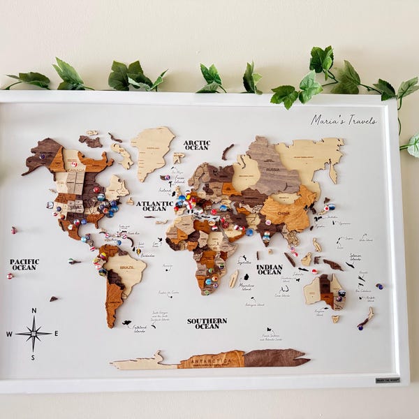 Handmade Wooden World Map Board, Push Pin Travel Tracker, Adventure ...