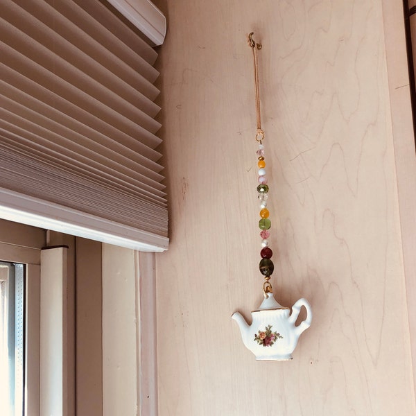 Cottage Tea Pot Garden Decoration, Hanging Kitchen Decor, Upcycled Tea ...