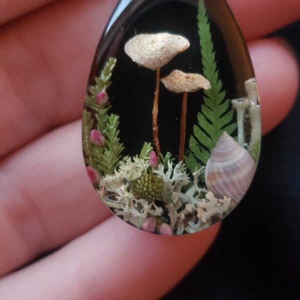 Forest Pendant With Real Mushrooms, Hepatica Flowers, Fern, Pink ...