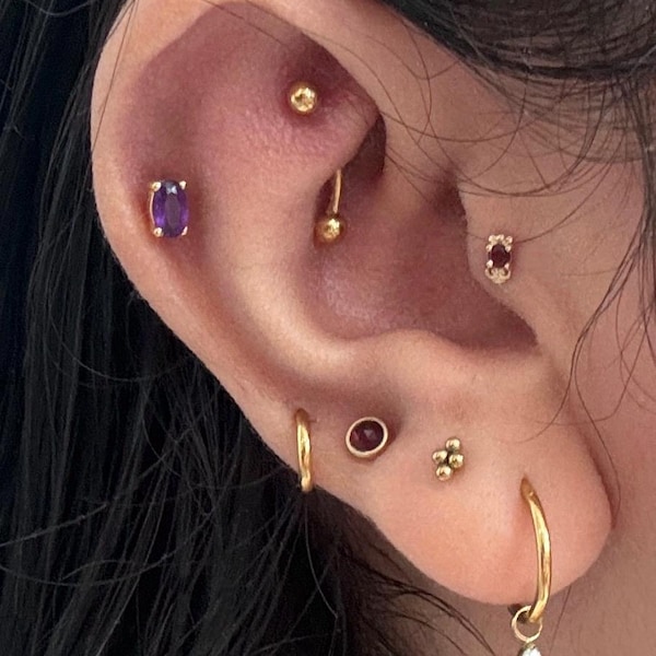 14K Solid Gold Moss Agate Piercing, Gold Garnet Dainty Earring ...