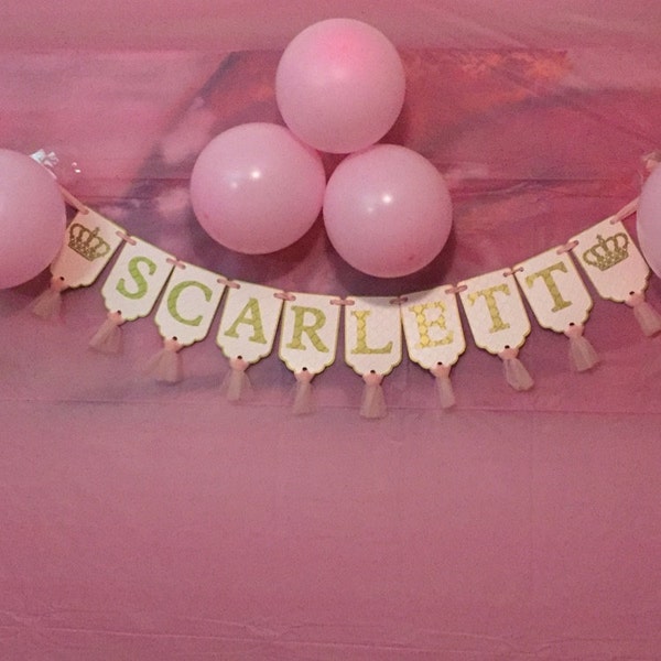 Girls Name Banner With Crowns, Embossed Pink and Gold Banner With Tulle ...