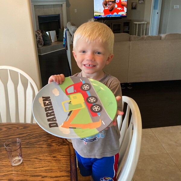 Personalized Digger Truck Plate and Bowl Set - Personalized Plastic ...