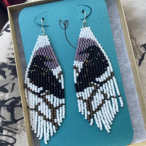 Megan Raven Fringe Earring // Beaded Crow Earring // Hand Beaded Bird ...