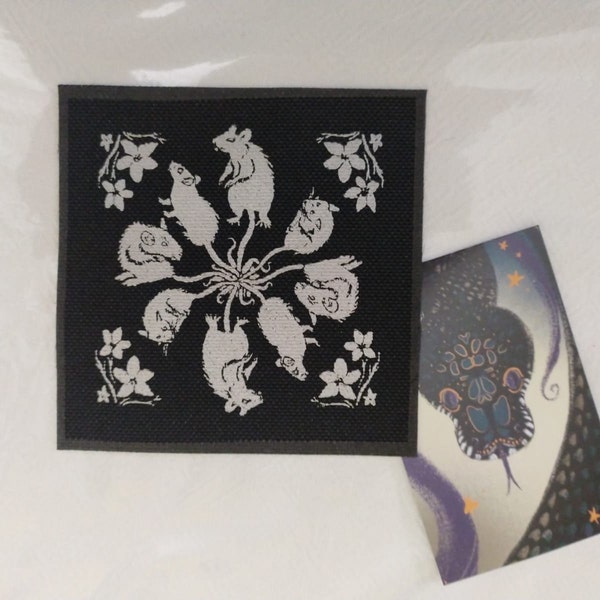 Rat King- Silver Screen Print Fabric Patch 8x8cm- Goth, Rat Lover Gift ...