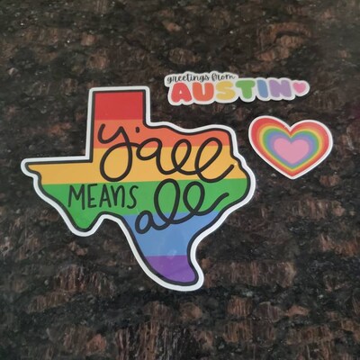 Texas Y'all Means All Pride Texas State Gay Pride Flag Rainbow Sticker ...