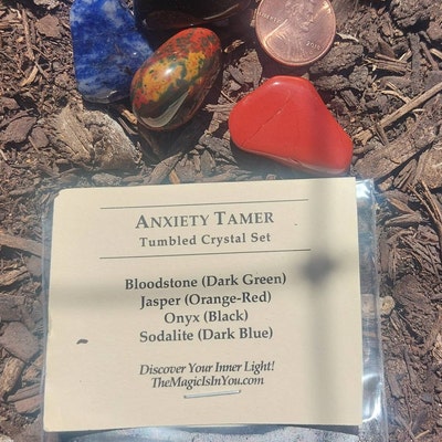 ANXIETY TAMER Tumbled Crystal Healing Set 4 Gemstones W/description & Pouch Bloodstone, Jasper ...