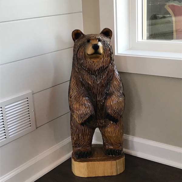 4-ft Waving Brown Bear, Wood Sculpture, Chainsaw Carving - Etsy