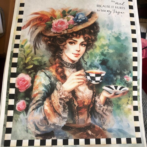 Rice Paper Victorian Lady Tea Cup Bite My Tongue Decoupage Collage ...