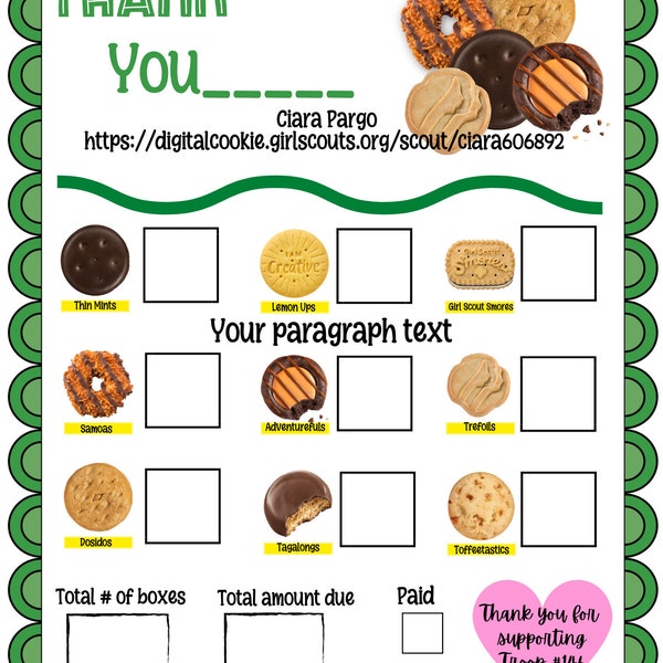 Girl Scout Cookie Thank You Card Receipt, Editable Canva Template ...